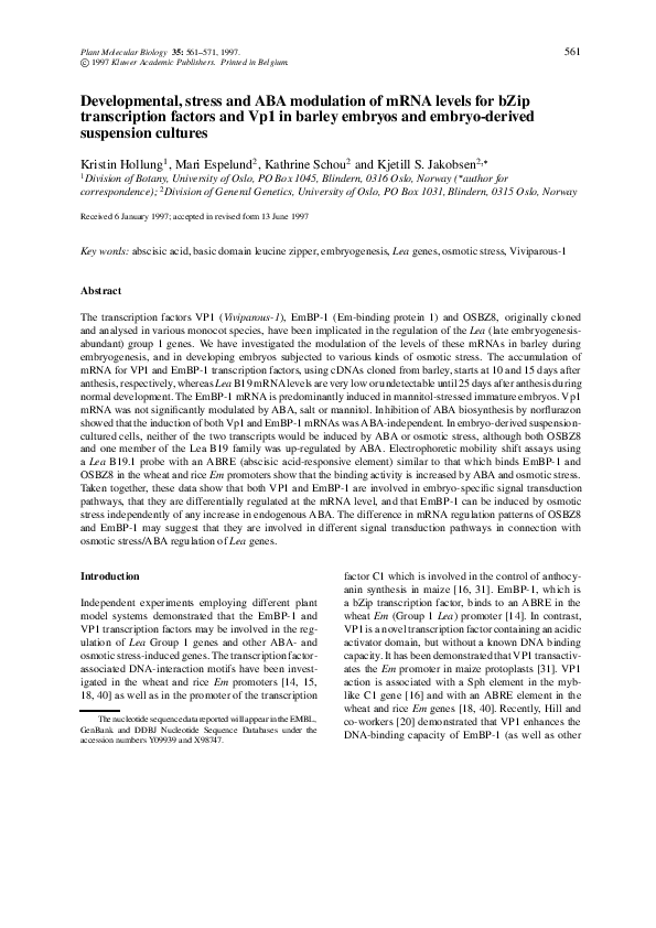 (PDF) Developmental, stress and ABA modulation of mRNA levels for bZip ...