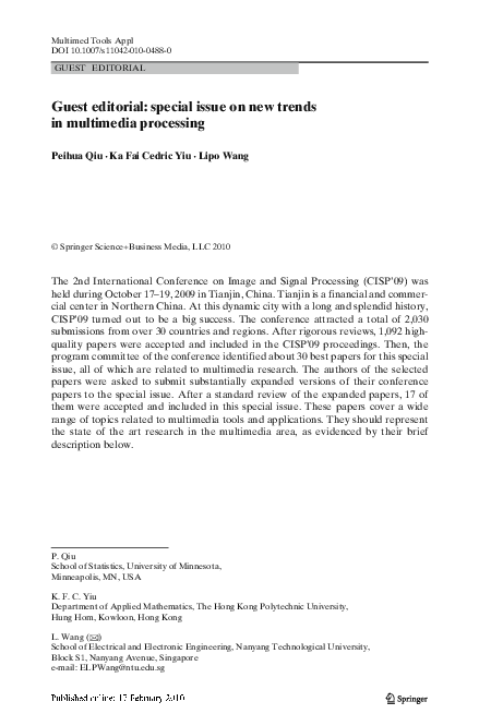 (PDF) Guest editorial: special issue on new trends in multimedia processing
