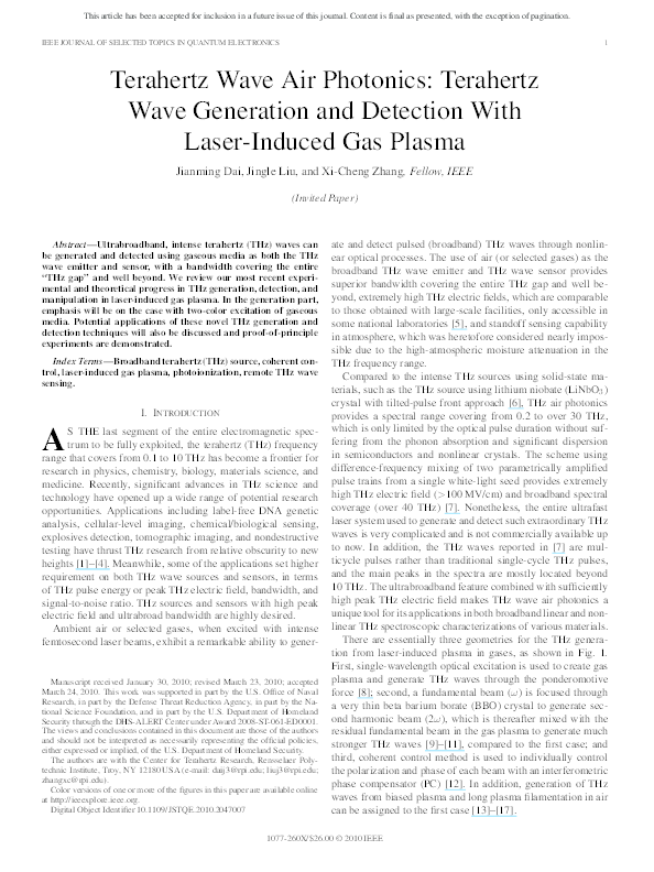 (PDF) Terahertz Wave Air Photonics: Terahertz Wave Generation and Detection With Laser-Induced ...