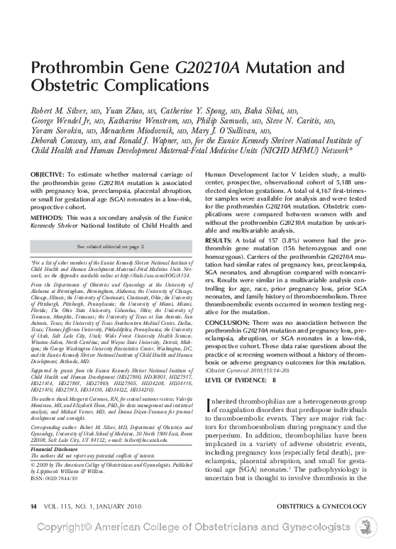 (PDF) Prothrombin Gene G20210A Mutation and Obstetric Complications