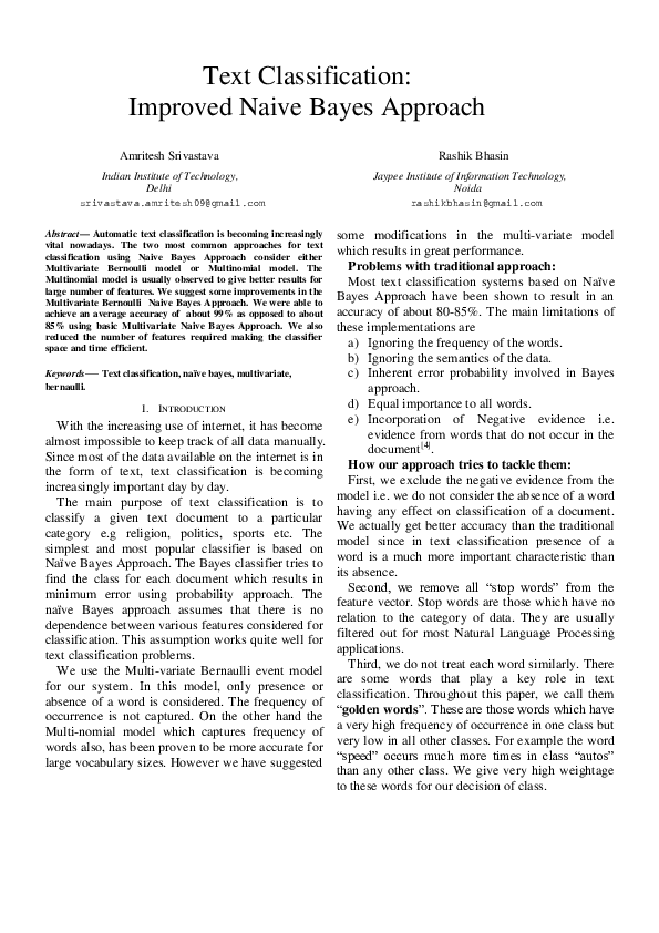 (PDF) Text Classification: Improved Naive Bayes Approach