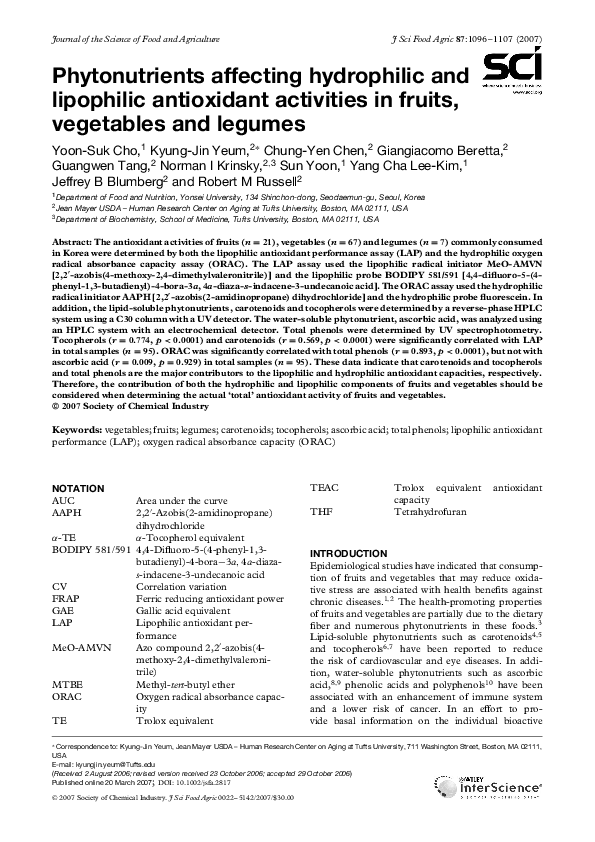 Pdf Phytonutrients Affecting Hydrophilic And Lipophilic Antioxidant