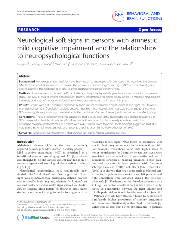 (PDF) Neurological soft signs in persons with amnestic mild cognitive impairment and the ...