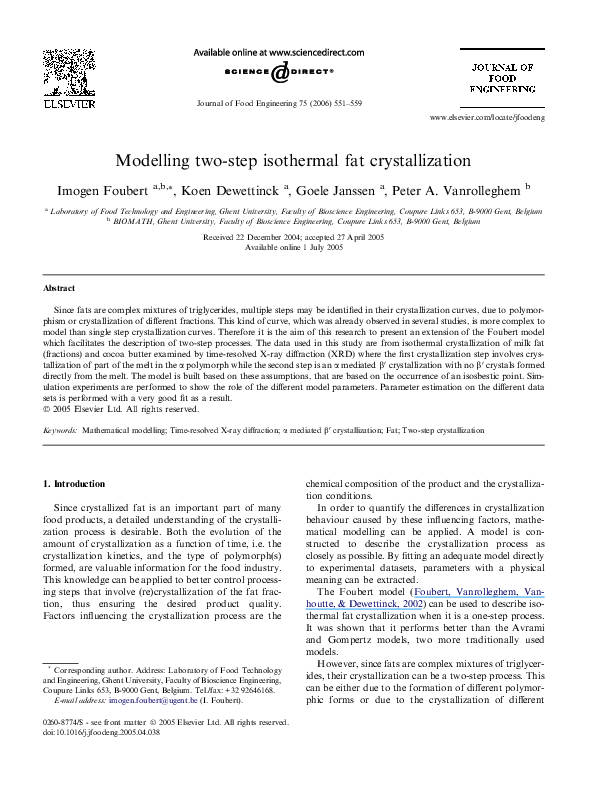 (PDF) Modelling two-step isothermal fat crystallization