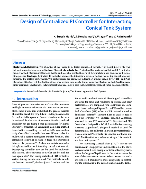 (PDF) Design of Centralized PI Controller for Interacting Conical Tank System