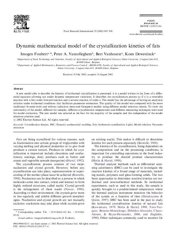 (PDF) Dynamic mathematical model of the crystallization kinetics of fats