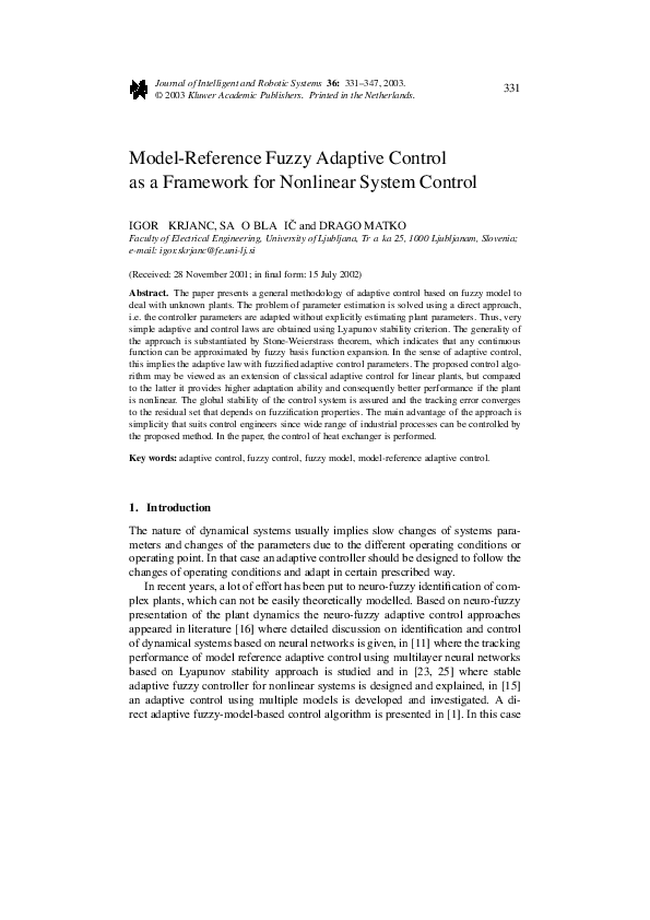 Pdf Model Reference Fuzzy Adaptive Control As A Framework For Nonlinear System Control