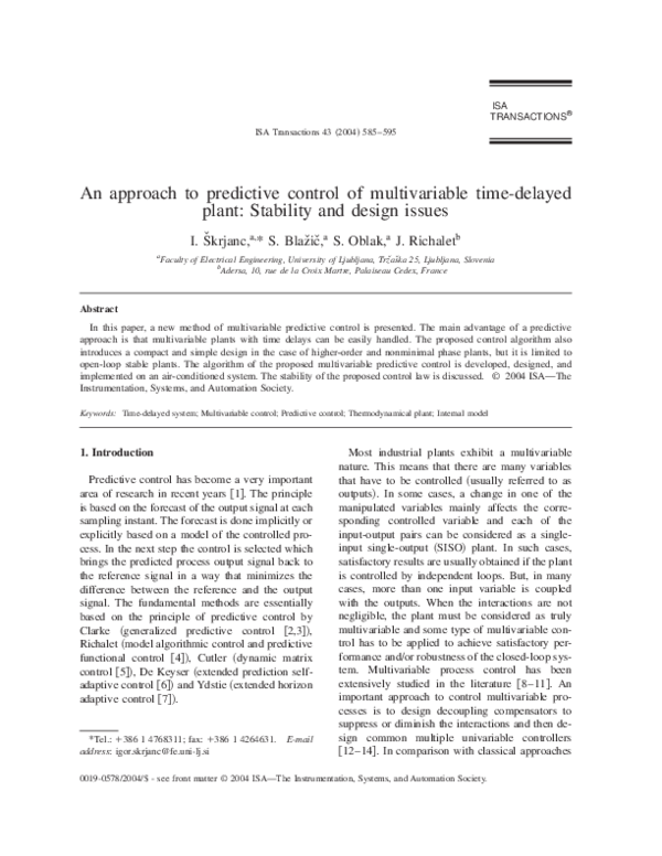 (PDF) An approach to predictive control of multivariable time-delayed ...