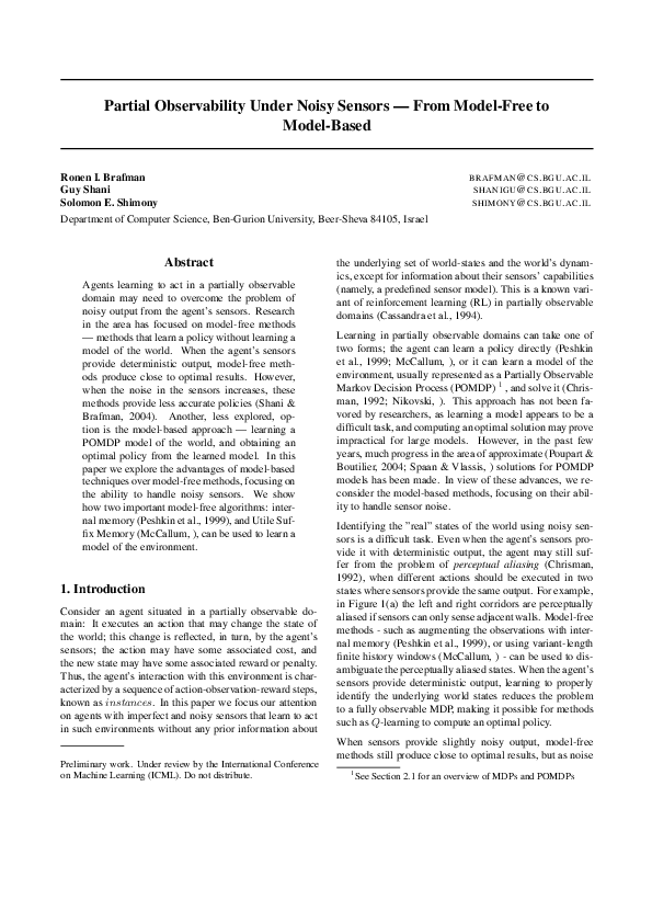 (PDF) Partial observability under noisy sensors–from model-free to model-based