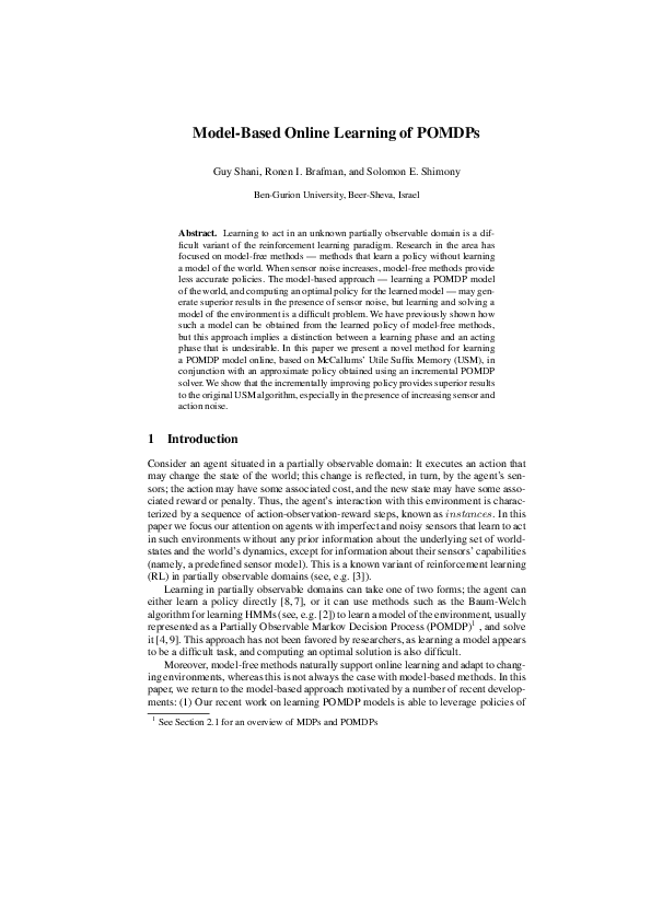 (PDF) Model-Based Online Learning of POMDPs