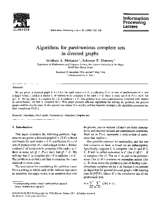 (PDF) Algorithms for parsimonious complete sets in directed graphs