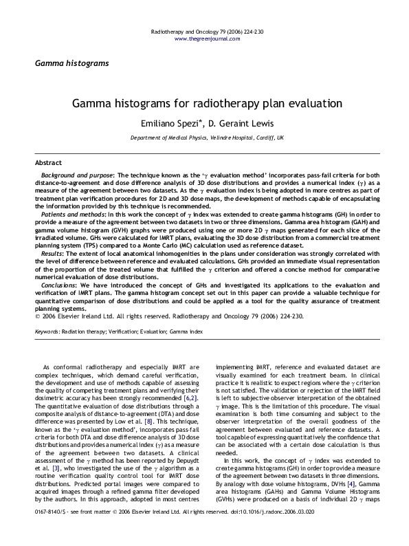 (PDF) Gamma histograms for radiotherapy plan evaluation