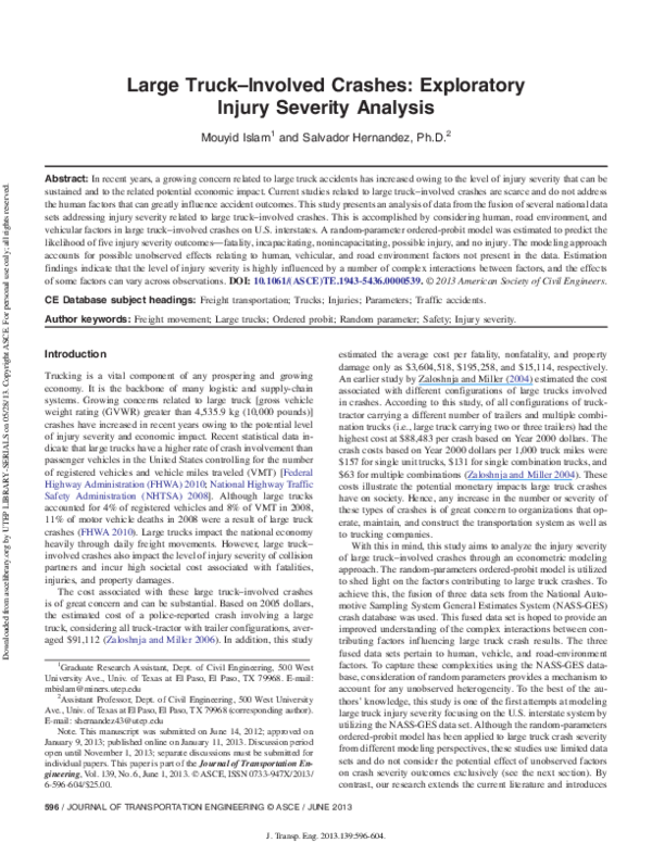 (PDF) Large Truck–Involved Crashes: Exploratory Injury Severity Analysis