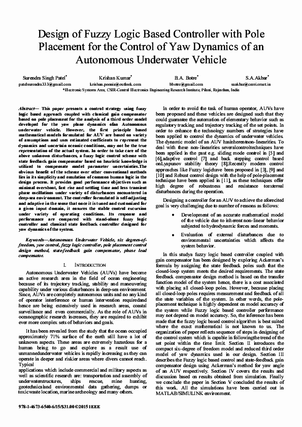 Pdf Design Of Fuzzy Logic Based Controller With Pole Placement For The Control Of Yaw Dynamics 8465