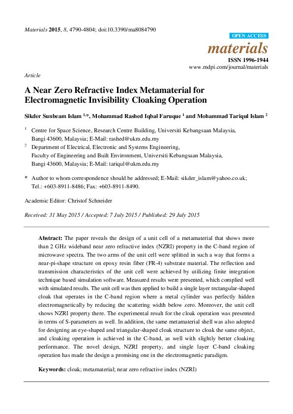 (PDF) A Near Zero Refractive Index Metamaterial for Electromagnetic ...