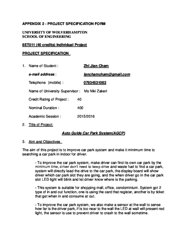 (PDF) APPENDIX 2 -PROJECT SPECIFICATION FORM UNIVERSITY OF ...
