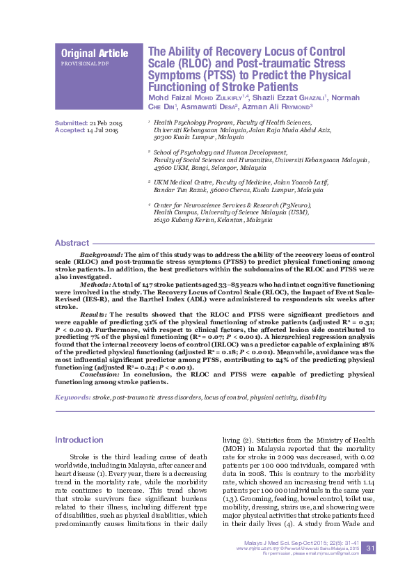 (PDF) The Ability of Recovery Locus of Control Scale (RLOC) and Post ...