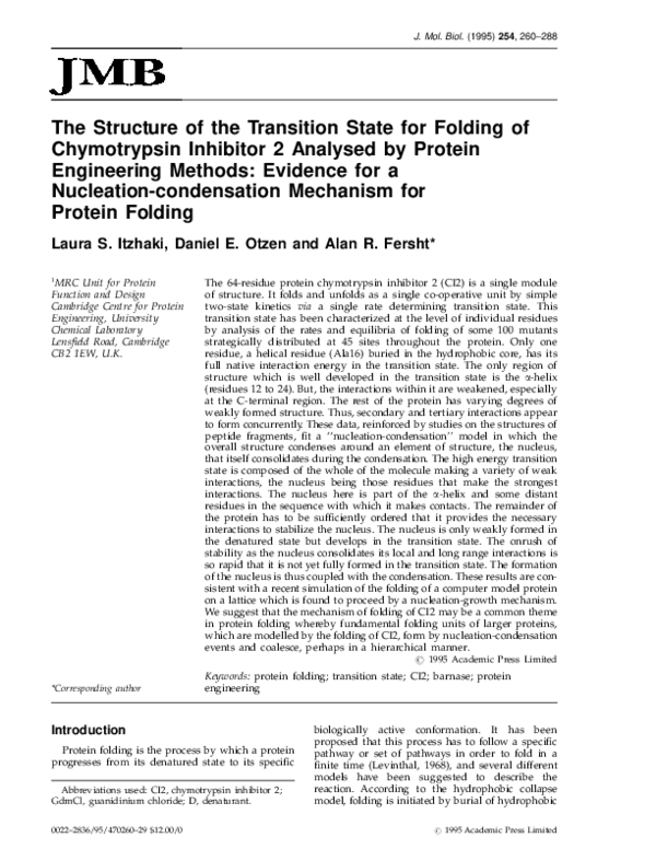 Pdf The Structure Of The Transition State For Folding Of Chymotrypsin Inhibitor 2 Analysed By