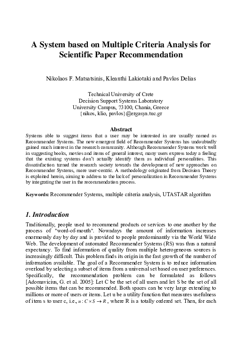 (PDF) A system based on multiple criteria analysis for scientific paper recommendation