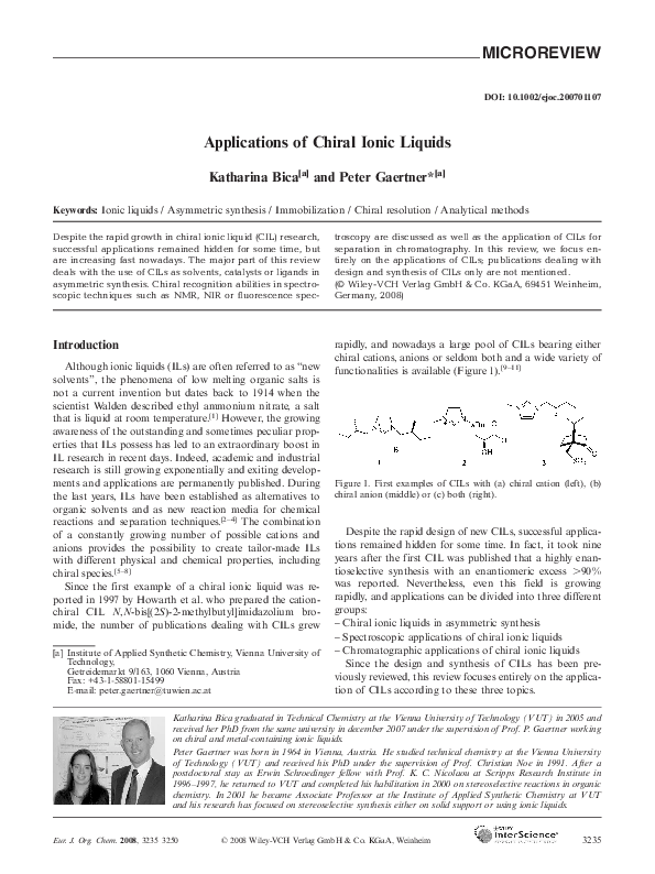(PDF) Applications of Chiral Ionic Liquids