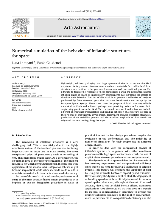 (PDF) Numerical simulation of the behavior of inflatable structures for space
