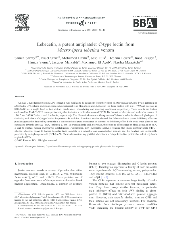 (PDF) Lebecetin, a potent antiplatelet C-type lectin from Macrovipera ...