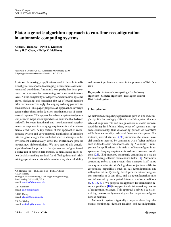 (PDF) Plato: a genetic algorithm approach to run-time reconfiguration in autonomic computing systems