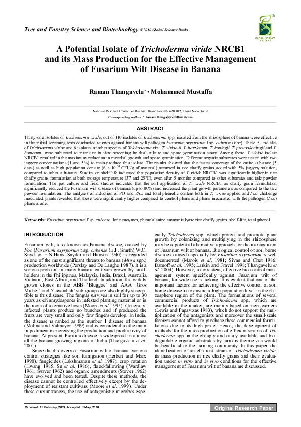 A Potential Isolate of Trichoderma viride NRCB1 and its Mass Production for the Effective ...