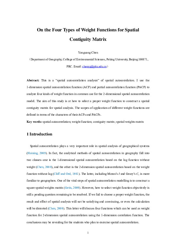 (PDF) On the Four Types of Weight Functions for Spatial Contiguity Matrix