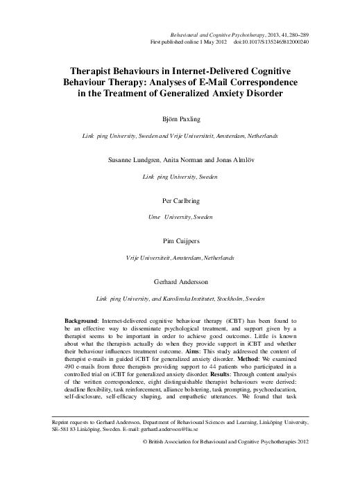 (PDF) Therapist Behaviours in Internet-Delivered Cognitive Behaviour Therapy: Analyses of E-Mail ...