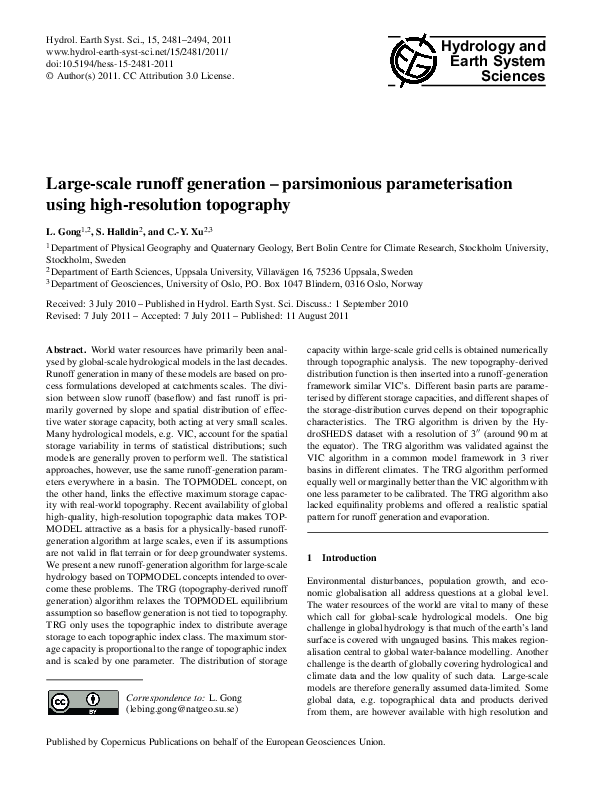 (PDF) Large-scale runoff generation – parsimonious parameterisation using high-resolution topography