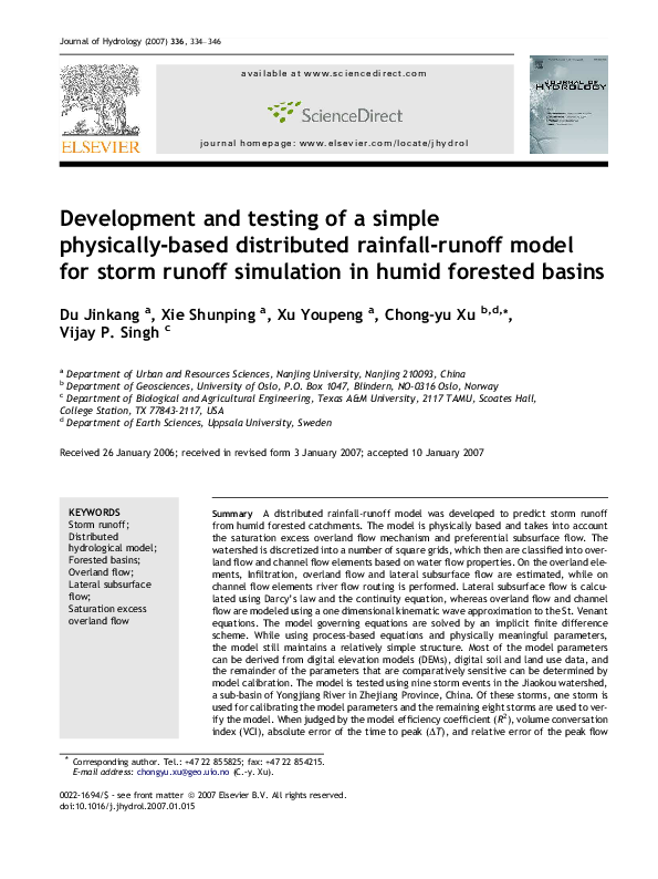 Pdf Development And Testing Of A Simple Physically Based Distributed Rainfall Runoff Model For