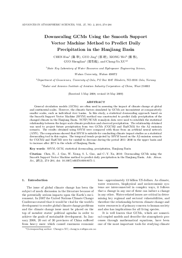 Pdf Downscaling Gcms Using The Smooth Support Vector Machine Method To Predict Daily