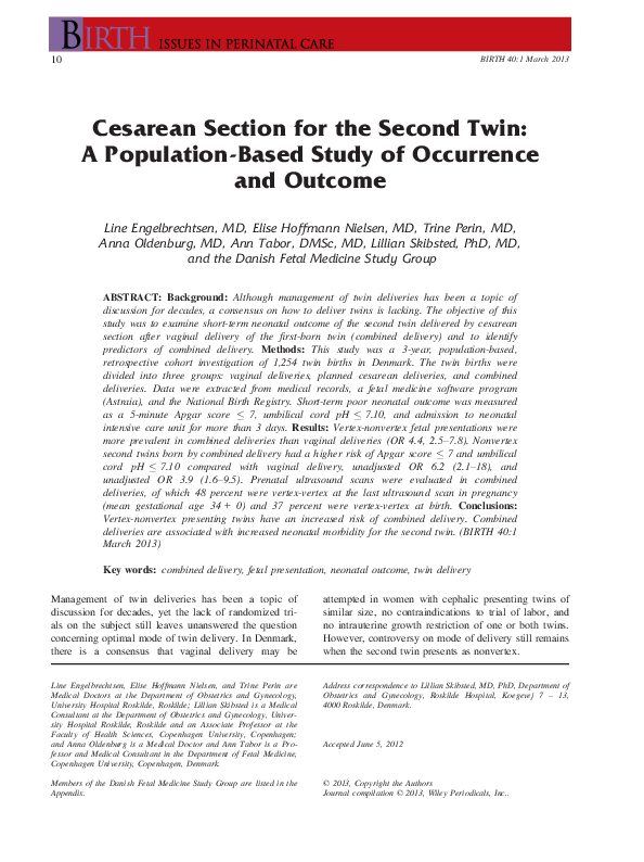 (PDF) Cesarean Section for the Second Twin: A Population-Based Study of ...