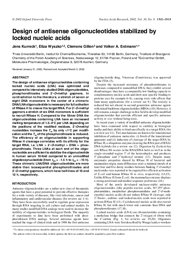 (PDF) Design of antisense oligonucleotides stabilized by locked nucleic ...