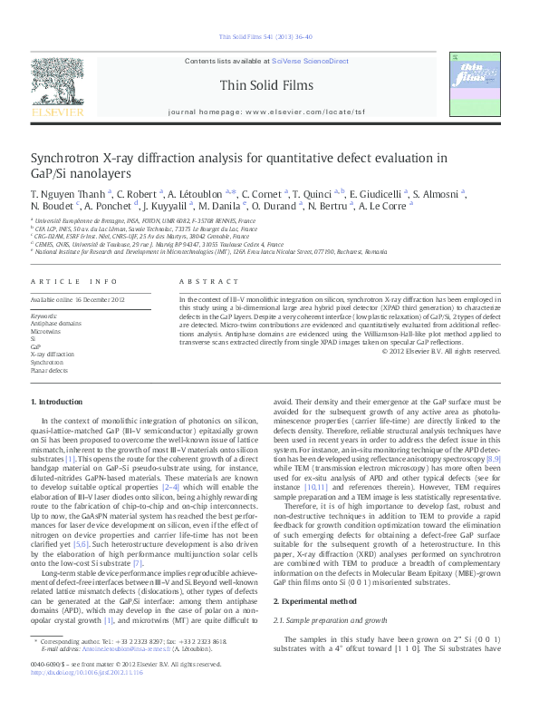 (PDF) Synchrotron X-ray diffraction analysis for quantitative defect evaluation in GaP/Si nanolayers