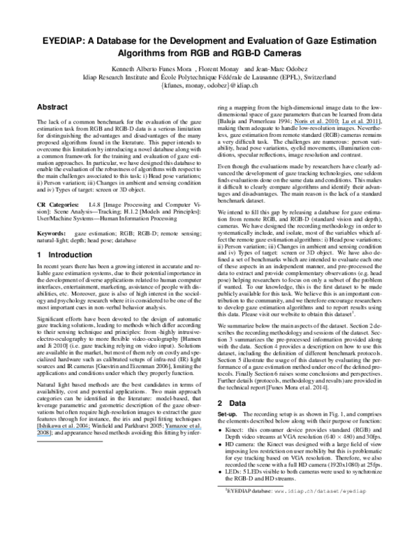 (PDF) EYEDIAP: a database for the development and evaluation of gaze estimation algorithms from ...