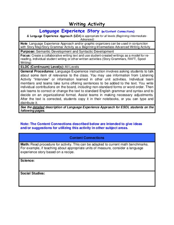 (PDF) Writing Activity Language Experience Story (w/Content Connections ...