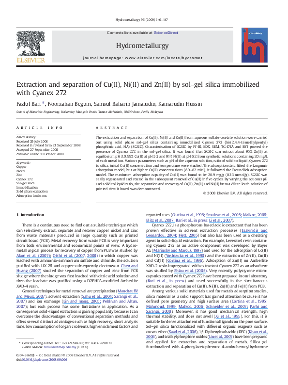 Pdf Extraction And Separation Of Cu Ii Ni Ii And Zn Ii By Sol Gel