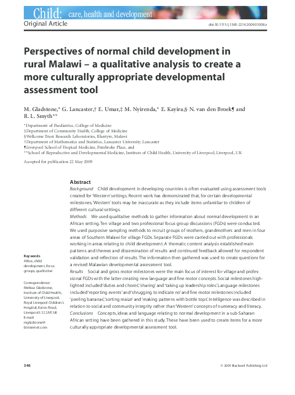 (PDF) Perspectives of normal child development in rural Malawi - a ...