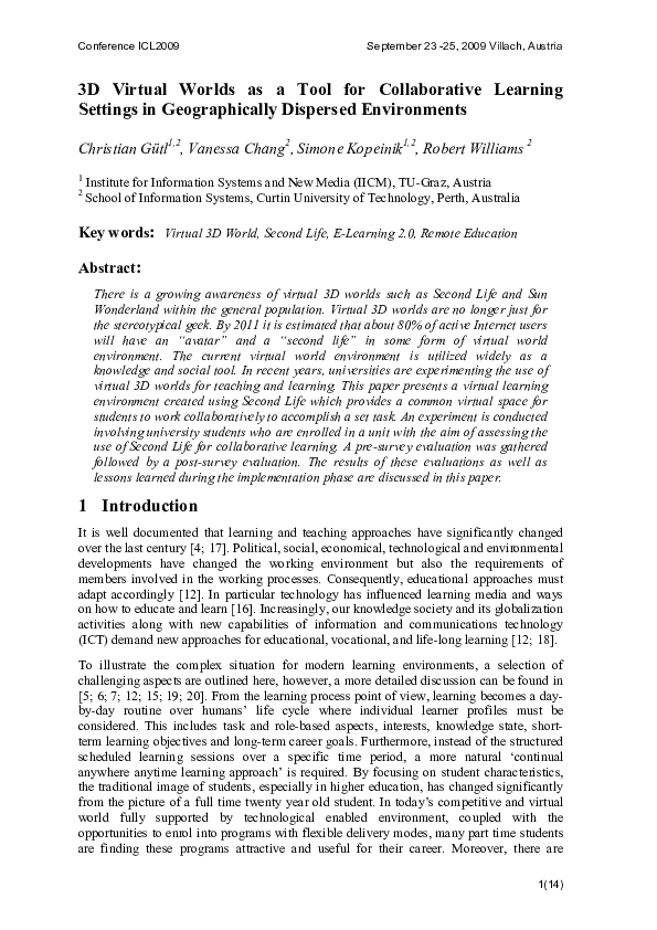 (PDF) 3D Virtual Worlds as a Tool for Collaborative Learning Settings in Geographically ...