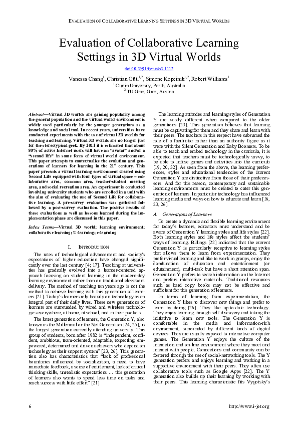 (PDF) Evaluation of Collaborative Learning Settings in 3D Virtual Worlds