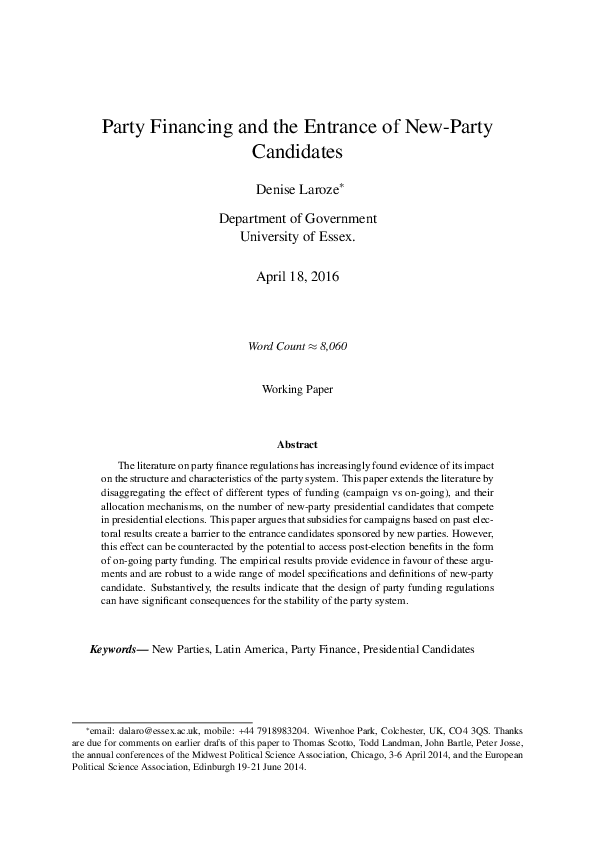 (PDF) Party Financing and the Entrance of New-Party Candidates