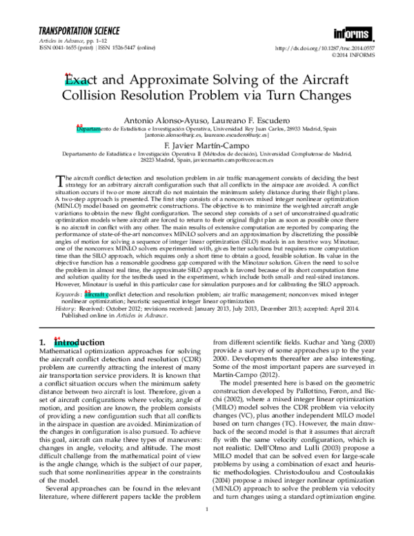 (PDF) Exact and Approximate Solving of the Aircraft Collision ...