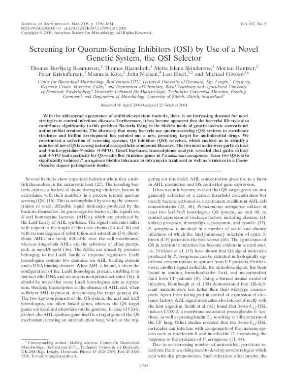 (PDF) Screening for Quorum-Sensing Inhibitors (QSI) by Use of a Novel Genetic System, the QSI ...