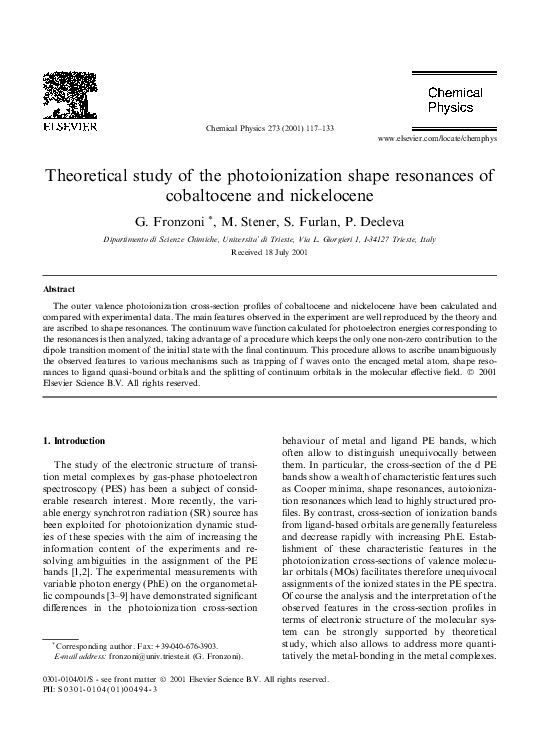 (PDF) Photoionization Resonances in Cobaltocene and Nickelocene