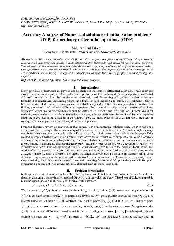 (PDF) Accuracy Analysis of Numerical solutions of initial value problems (IVP) for ordinary ...