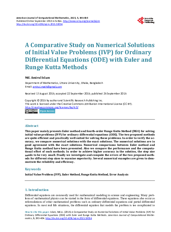 (PDF) A Comparative Study on Numerical Solutions of Initial Value Problems (IVP) for Ordinary ...