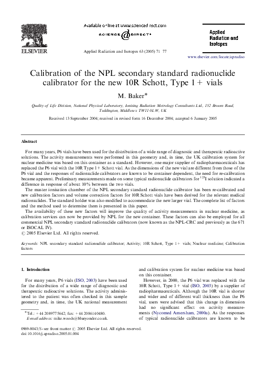 (PDF) Calibration of the NPL secondary standard radionuclide calibrator ...
