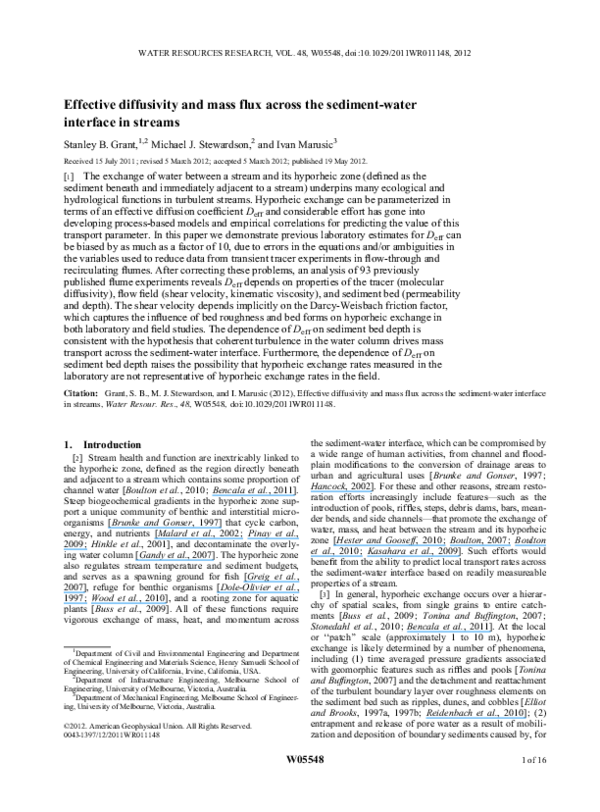 (PDF) Effective diffusivity and mass flux across the sediment-water interface in streams